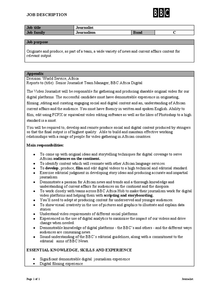 Video Journalist Job Overview | PDF | News | Bbc