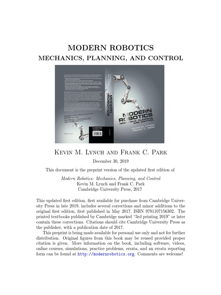 Modern Robotics Mechanics, Planning, and Control - Lynch | PDF | Mathematics | Mechanics