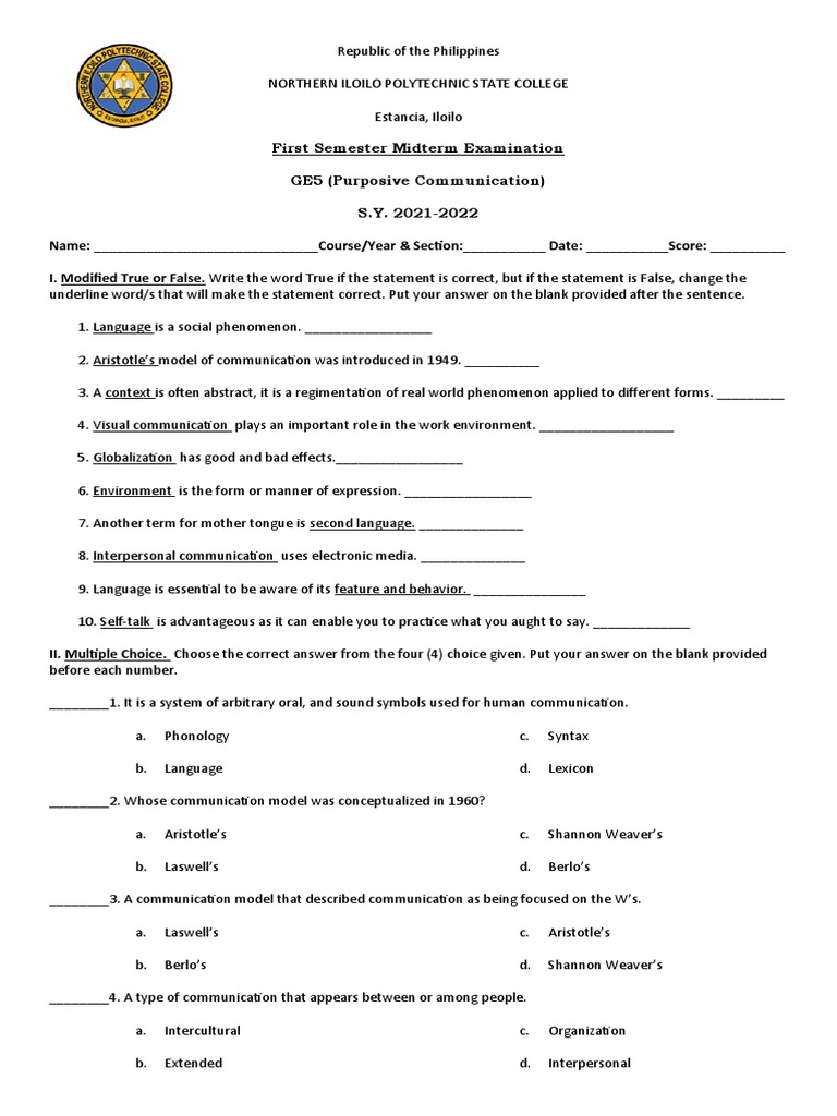 Ge 5 Purposive Communication Midterm Exam | PDF | Communication ... Ge 5 Purposive Communication Midterm Exam | PDF | Communication ...