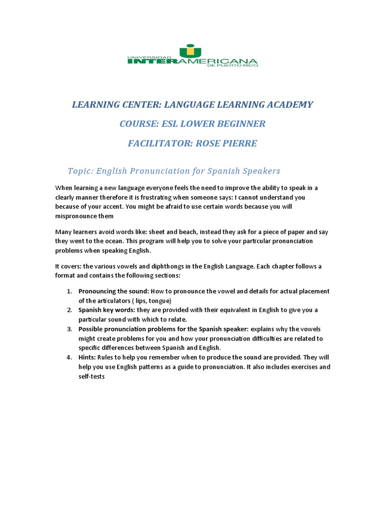 English Pronunciation For Spanish Speakers | PDF