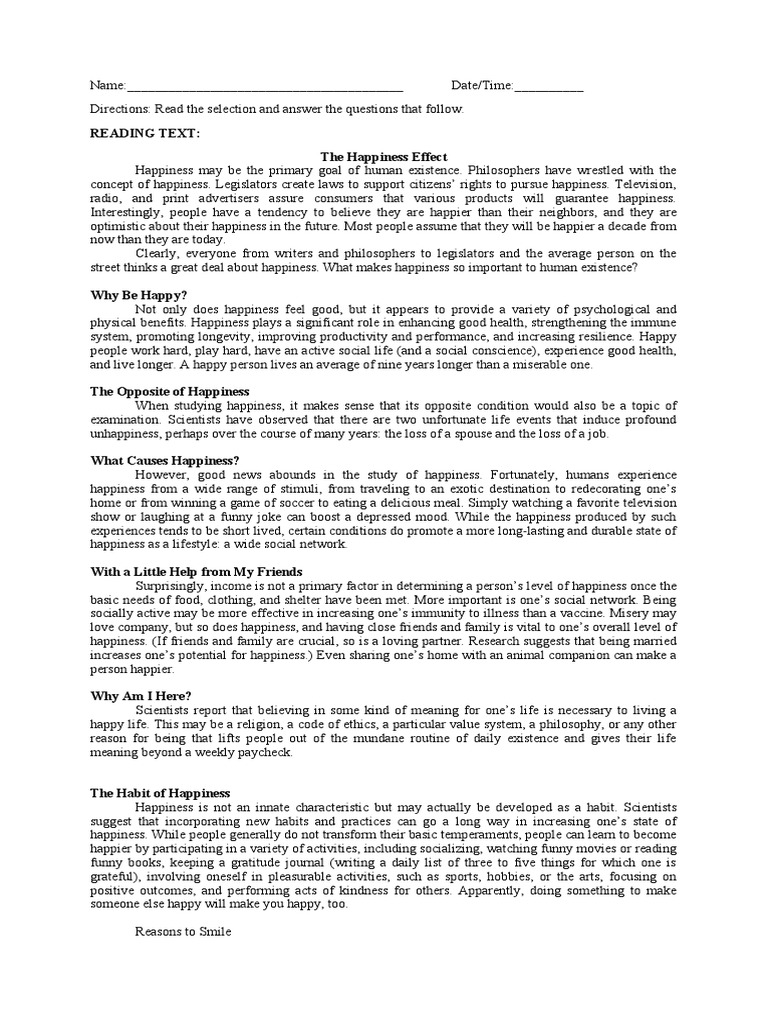 Reading Text: The Happiness Effect | Download Free PDF | Happiness ...