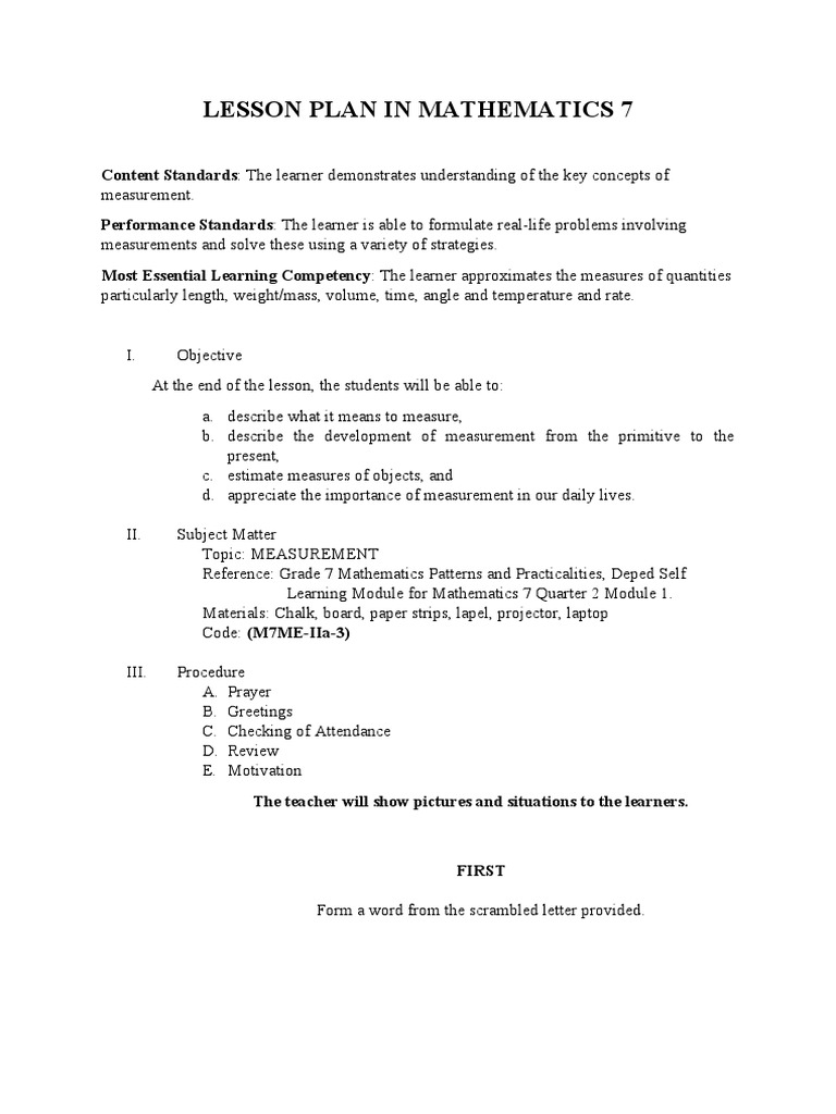 Grade 7 Measurement Lesson Plan | PDF | Measurement | International ...
