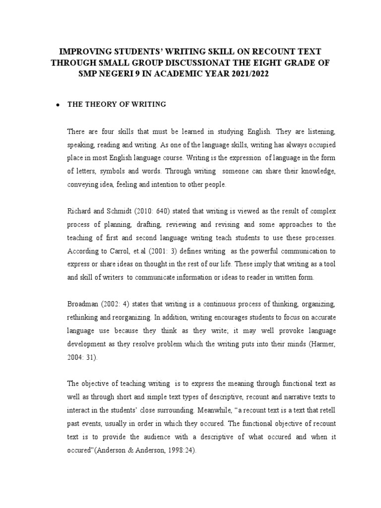 Improving Students' Writing Skill On Recount Text Through Small Group Discussionat The Eight ...