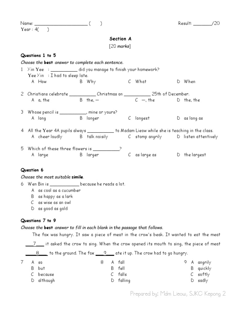 Year 4 Comprehension Practice Test | PDF | Malaysia