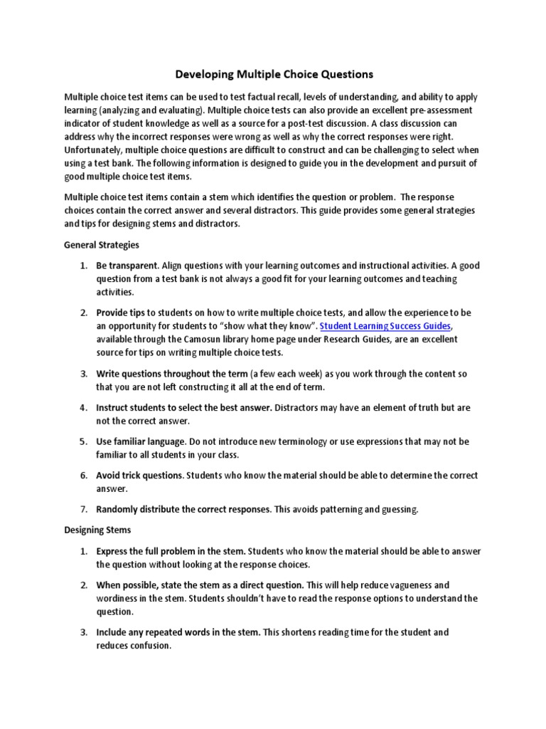 Developing Multiple Choice Questions: General Strategies | PDF ...