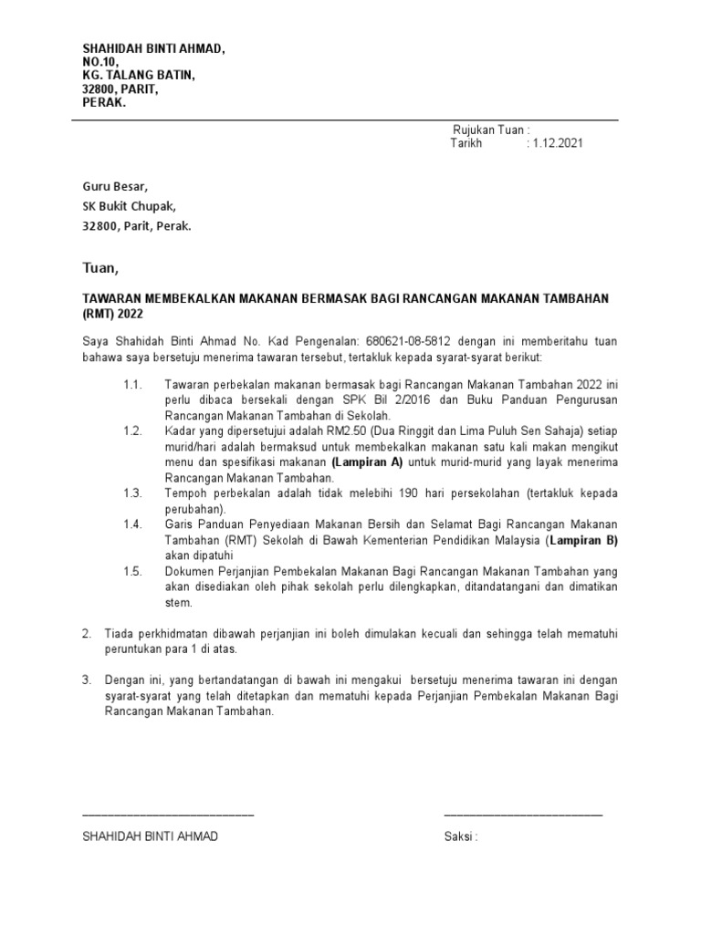 Surat Setuju Terima RMT | PDF