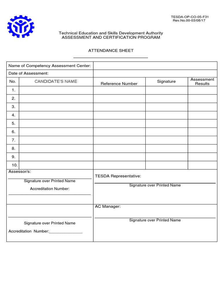 TESDA Assessment Attendance Sheet | PDF