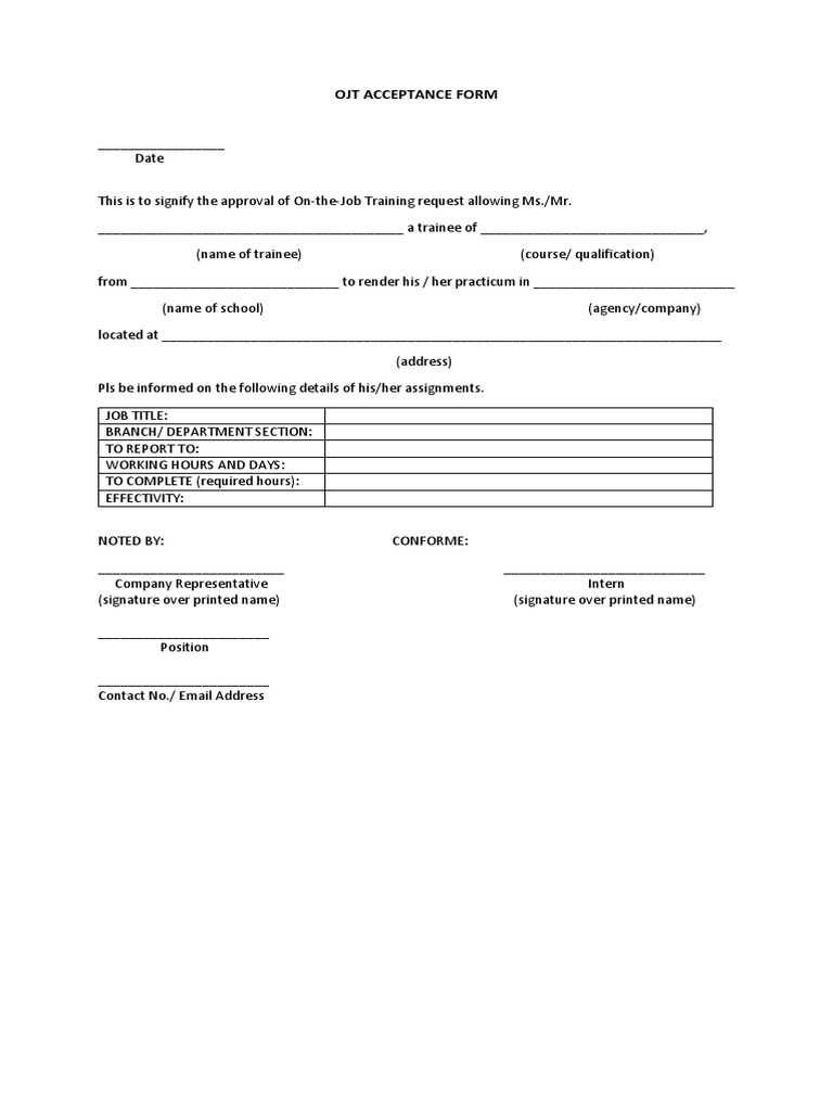 Ojt Acceptance Form | PDF | Finance & Money Management