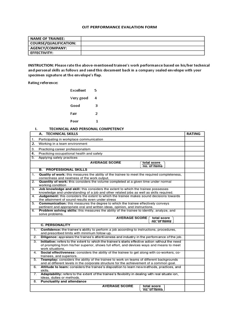 Ojt Performance Evalation Form: Name of Trainee: Course/Qualification ...