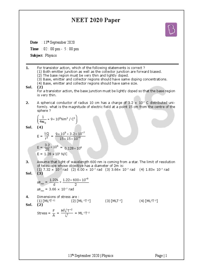 Neet 2020 Question Paper Physics | PDF | P–N Junction | Atoms
