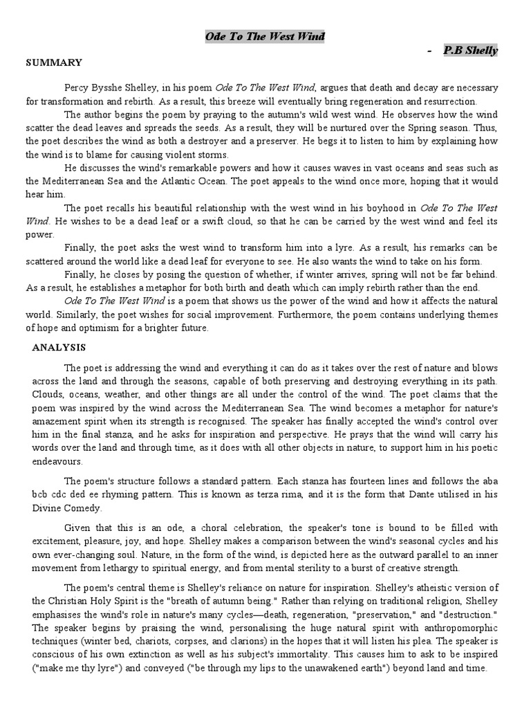 Ode To The West Wind - P.B Shelly | PDF | Poetry