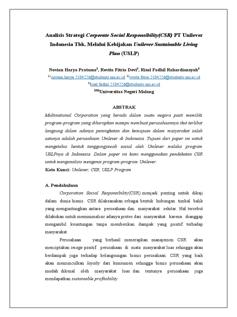 Analisis Strategi Corporate Social Responsibility (CSR) PT Unilever Indonesia Tbk. Melalui ...