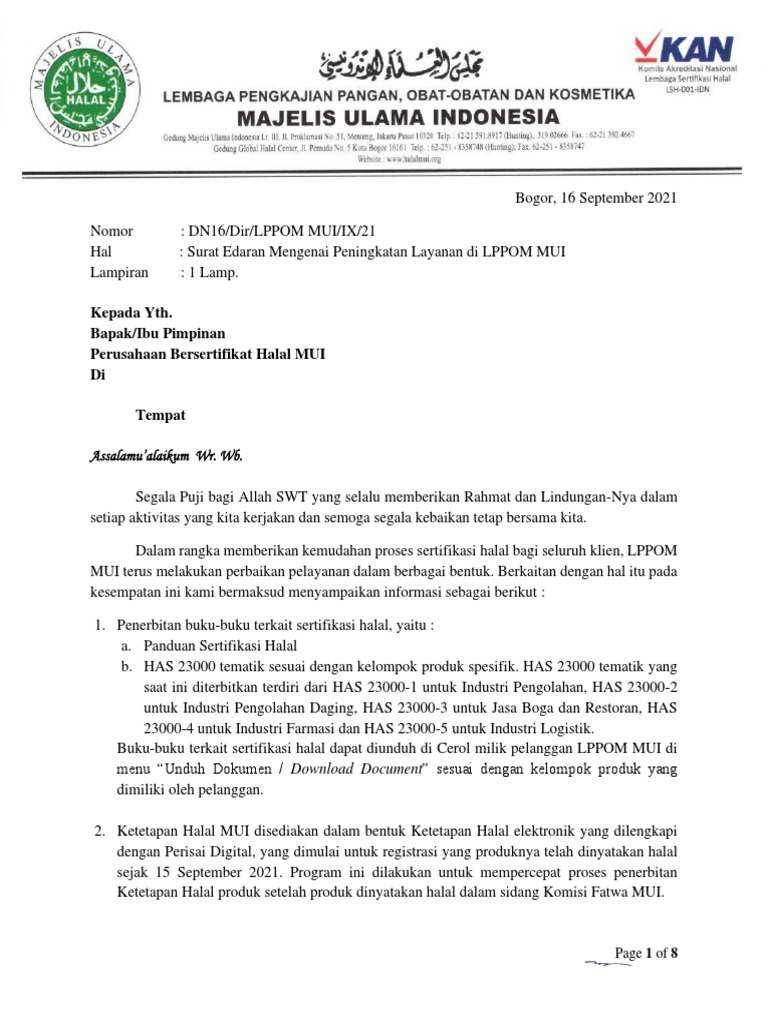 DN16 - Draft Surat Edaran Peningkatan Layanan Di LPPOM MUI | PDF