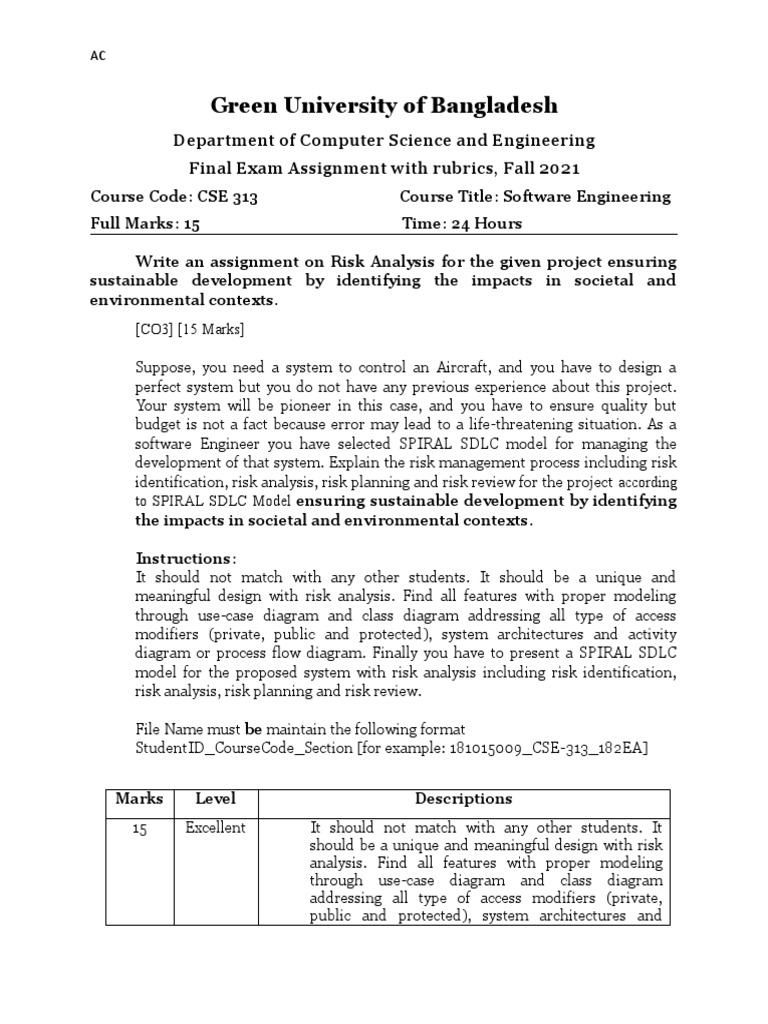 CSE 313 - CT3 Assignment With Rubrics | PDF | Risk | Risk Management