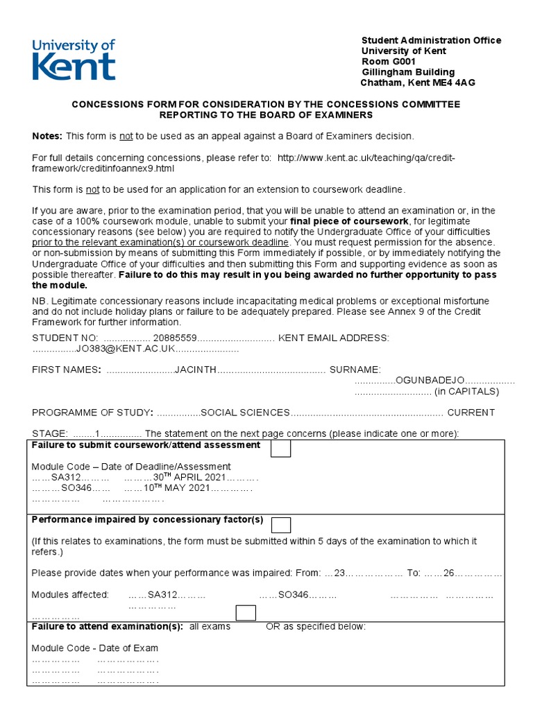 Concessions Form for Assessment Issues | PDF