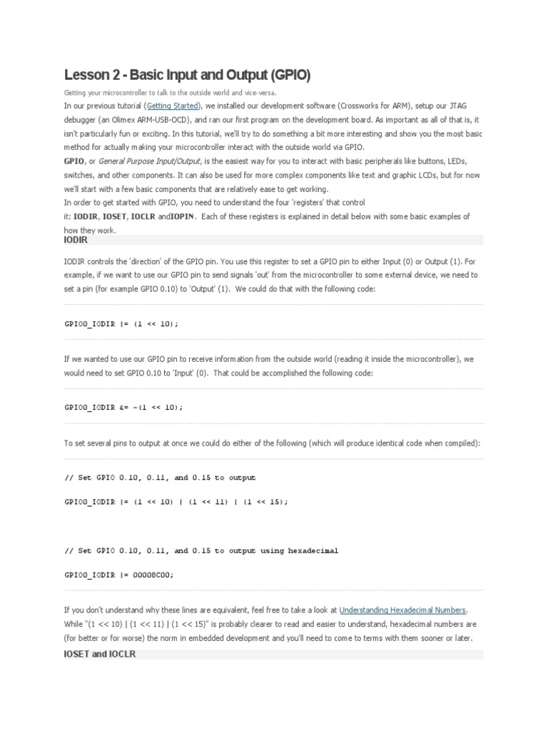 Lesson 2 - Basic Input and Output (GPIO) | PDF | Microcontroller | Computer Programming