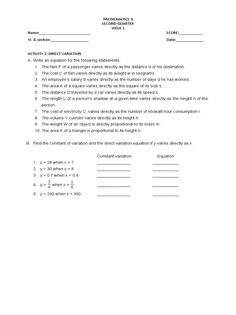 Grade 9 Math: Variation Concepts | PDF | Length | Mass