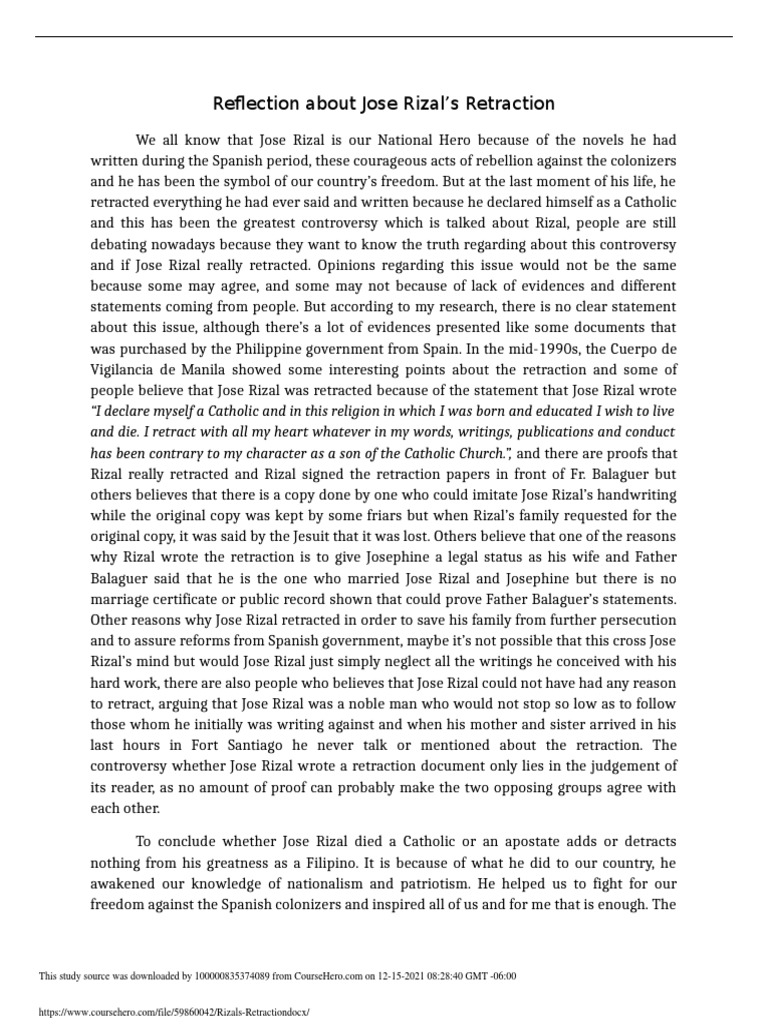 Examining the Ongoing Debate Around Jose Rizal's Alleged Retraction: A Reflection on the ...