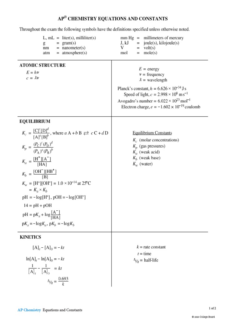 Chemistry Equations Sheet 2020 | PDF | Chemistry | Physical Sciences