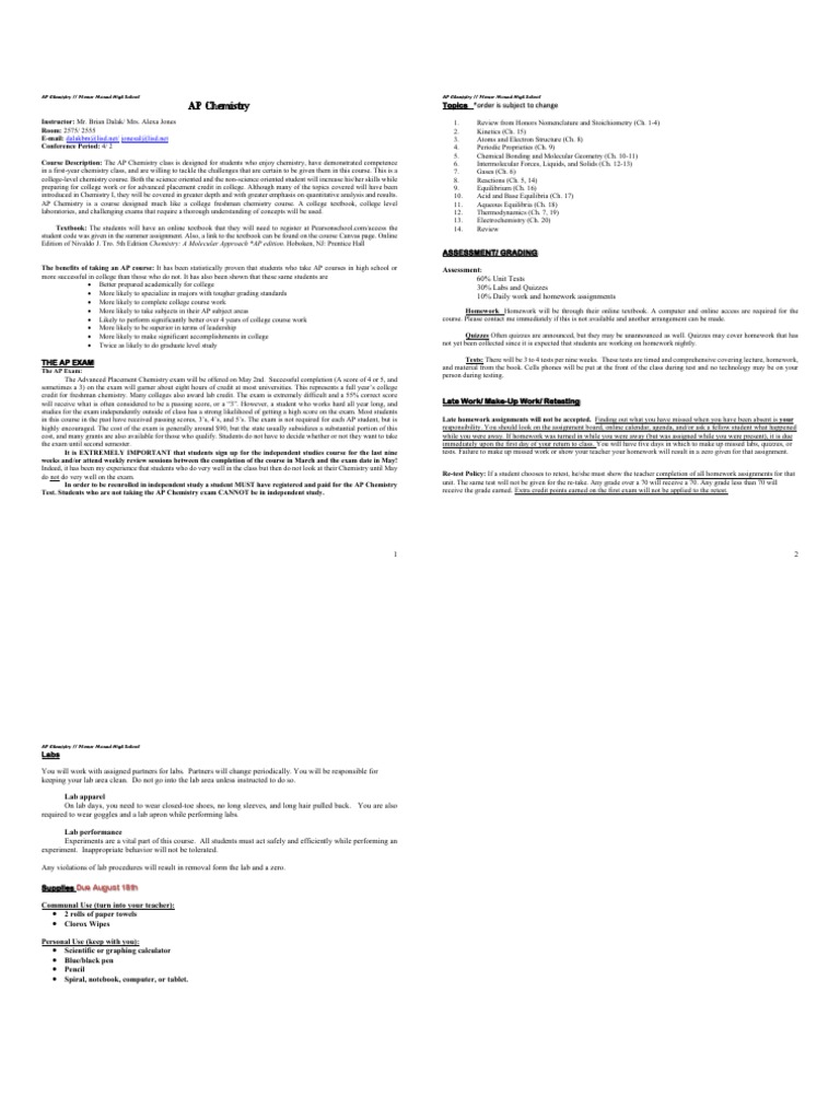AP Chem Syllabus 2021-2022 | PDF | Chemistry | Test (Assessment)