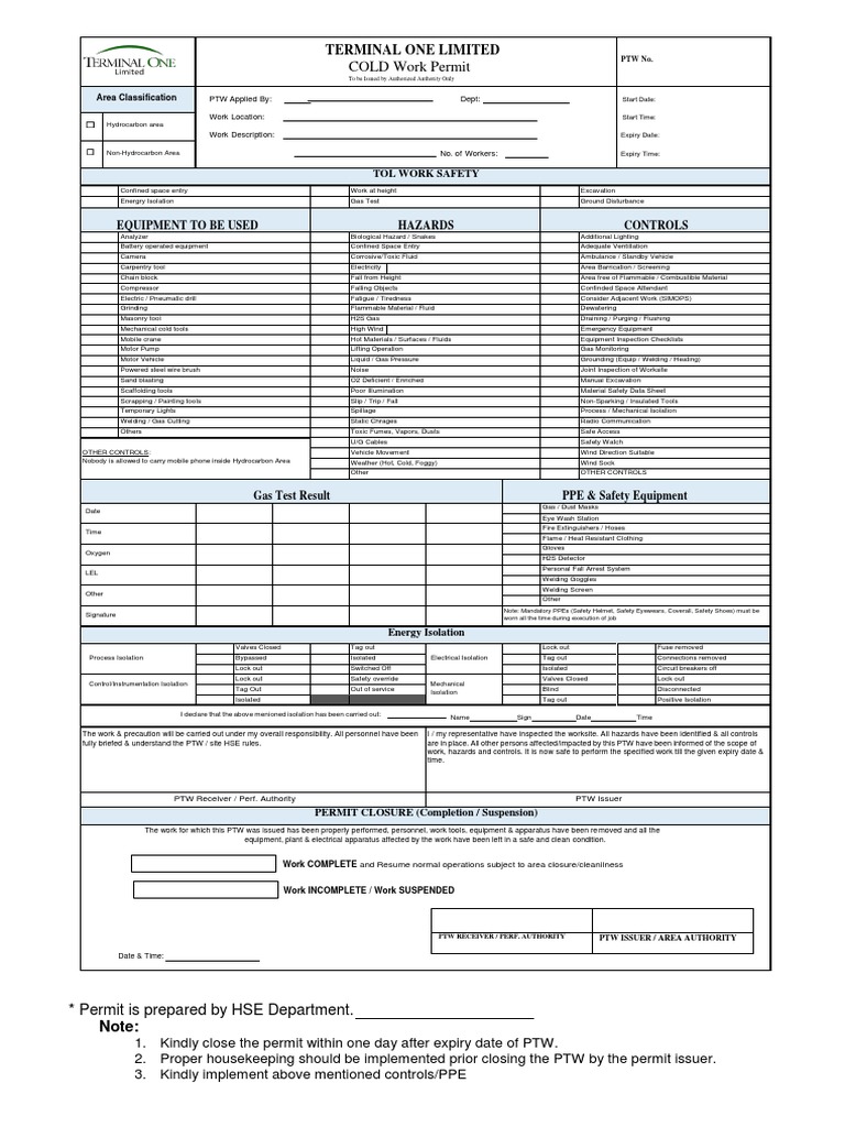 Tol Cold Work Permit | PDF | Personal Protective Equipment ...