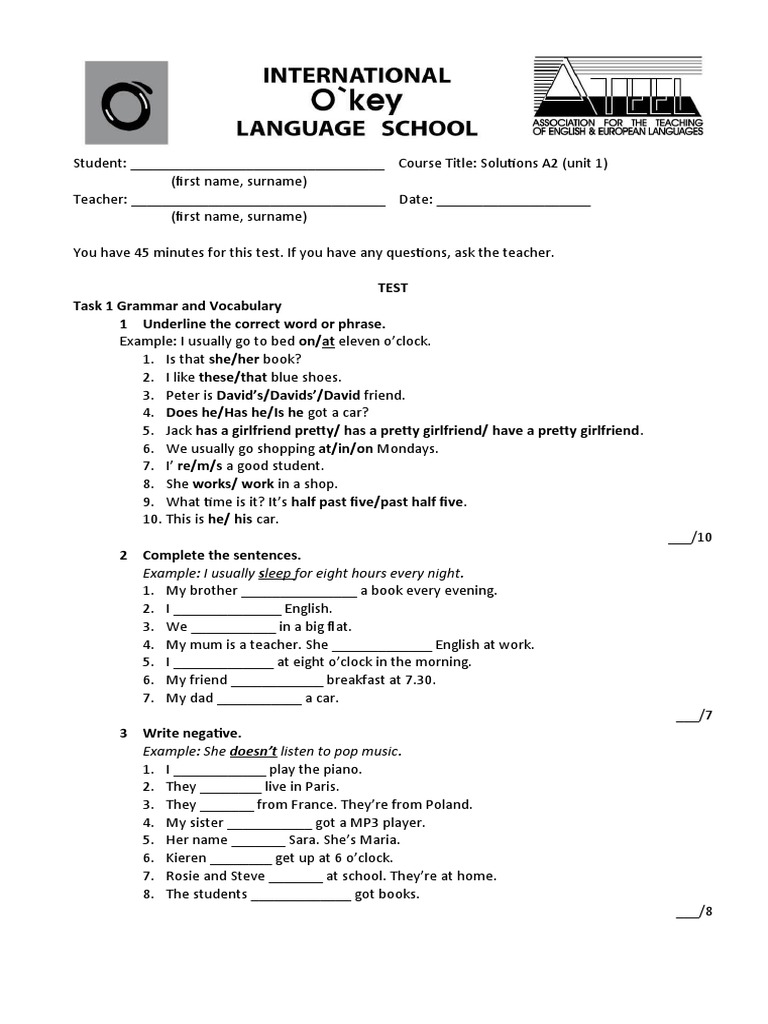 Solutions Elementary Unit Tests | PDF | Question