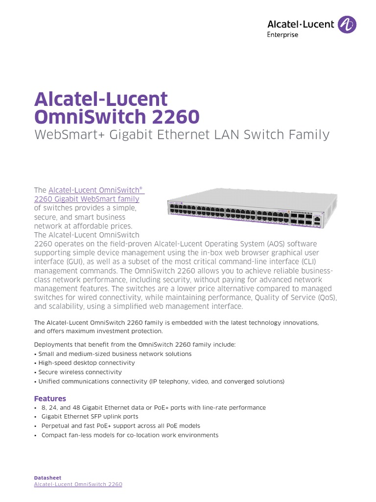 Alcatel-Lucent Omniswitch 2260: Websmart+ Gigabit Ethernet Lan Switch Family | PDF | Computer ...