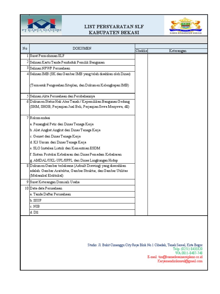 List Persyaratan SLF - Kab - Bekasi | PDF