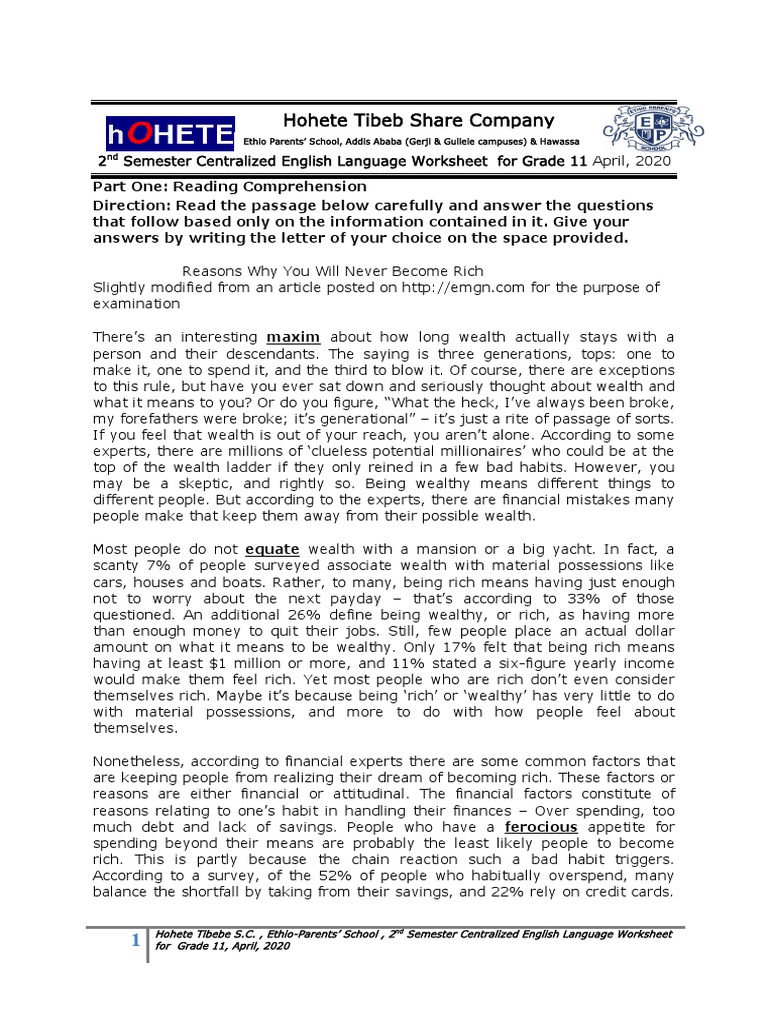 Grade 11-English Worksheet | PDF | Wealth | Debt