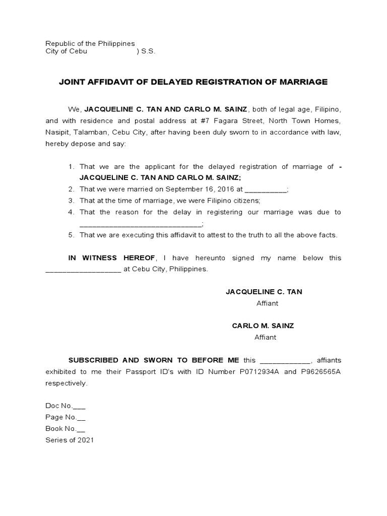 Affidavit of Delayed Registration of Marriage | PDF