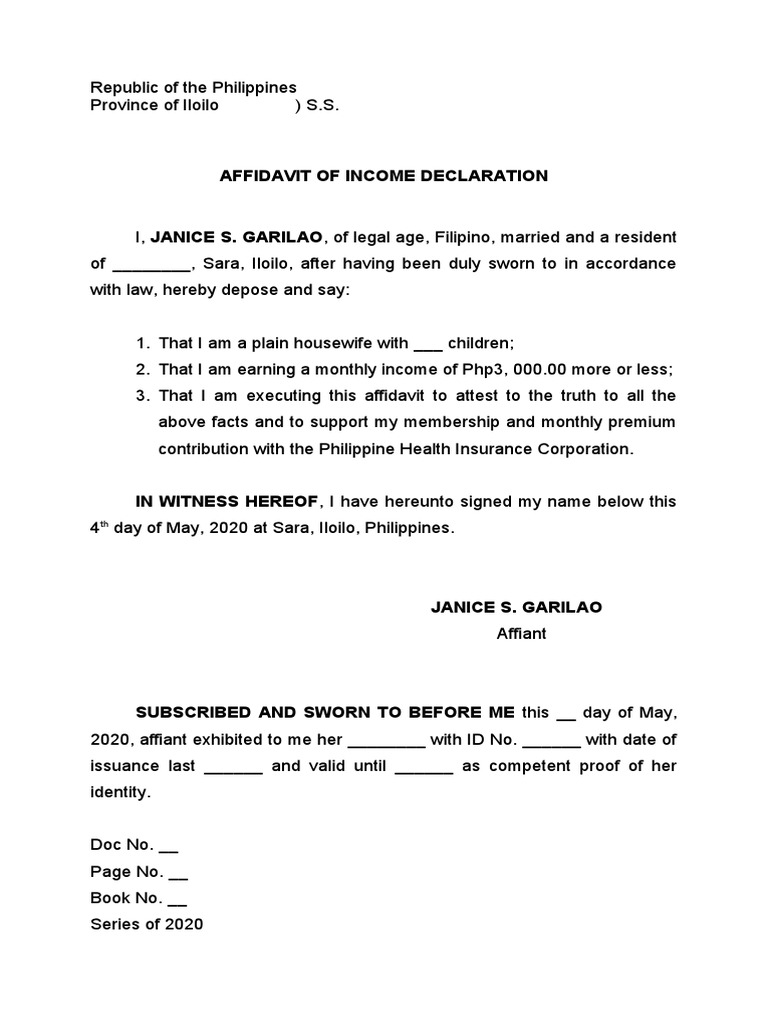 Affidavit of Income Declaration Philhealth | PDF