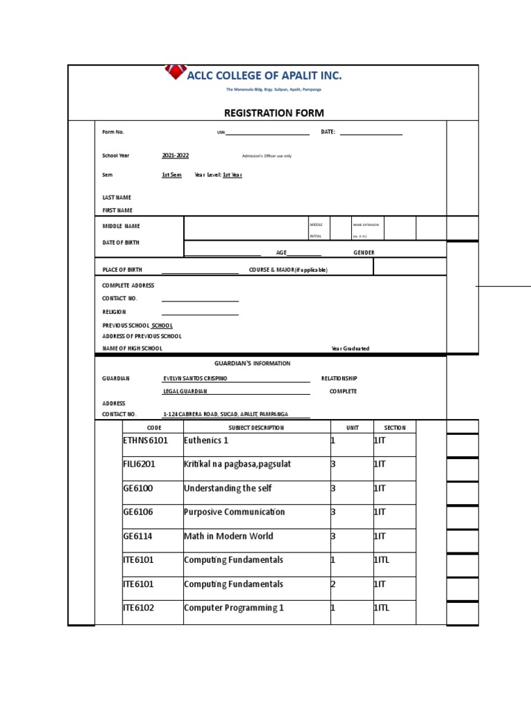 Aclc College of Apalit Inc.: Registration Form | PDF