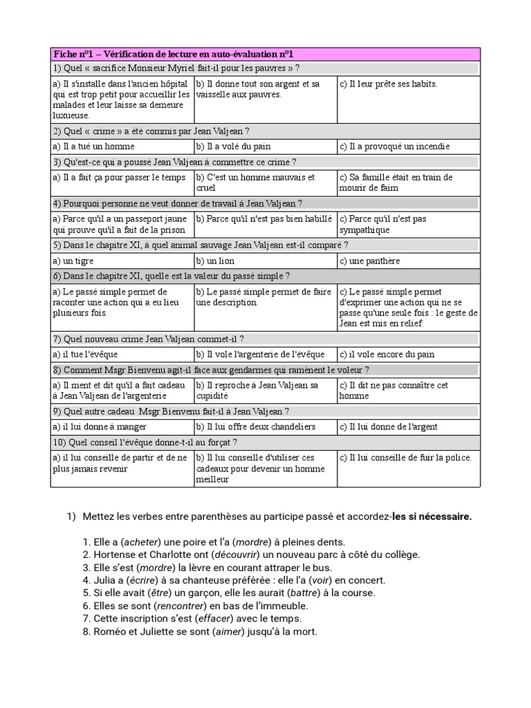Quiz sur Les Misérables 4ème | PDF