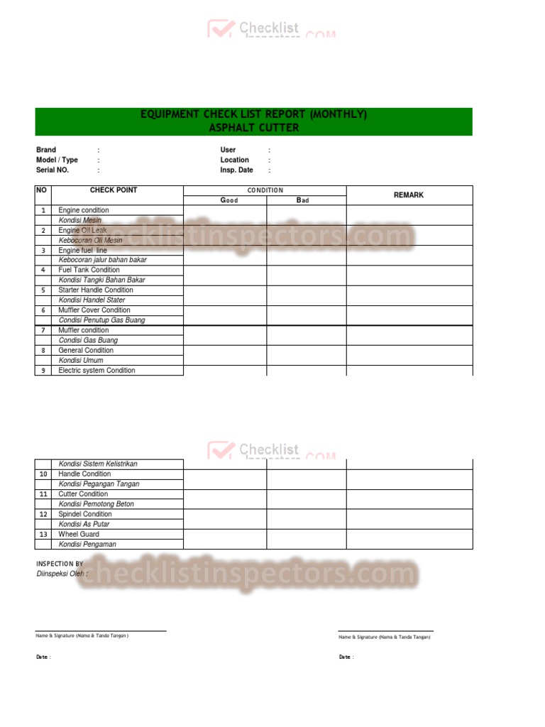 Asphalt Cutter Inspection Checklist | PDF | Technology & Engineering