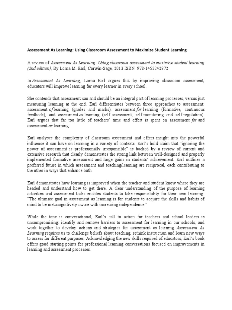 Assessment As Learning: Using Classroom Assessment To Maximize Student ...