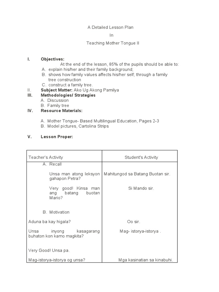 Detailed Lesson Plan (Mother Tongue) | PDF