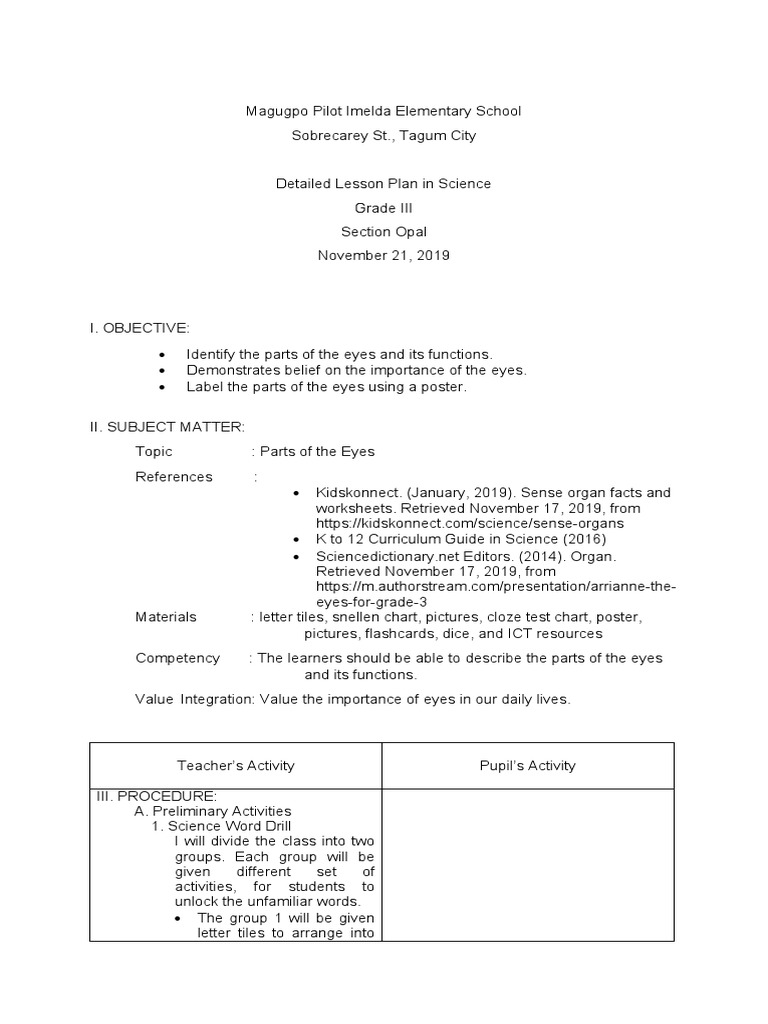 Detailed Lesson Plan | PDF | Eye | Lesson Plan