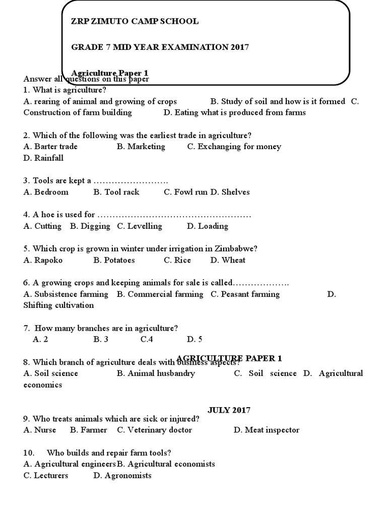 Agric Grade 7 Paper 1 and 2-1 | PDF | Soil | Water