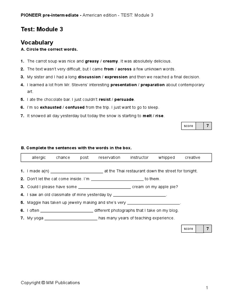 Pioneer Pre Intermediate Tests Module 3 | PDF