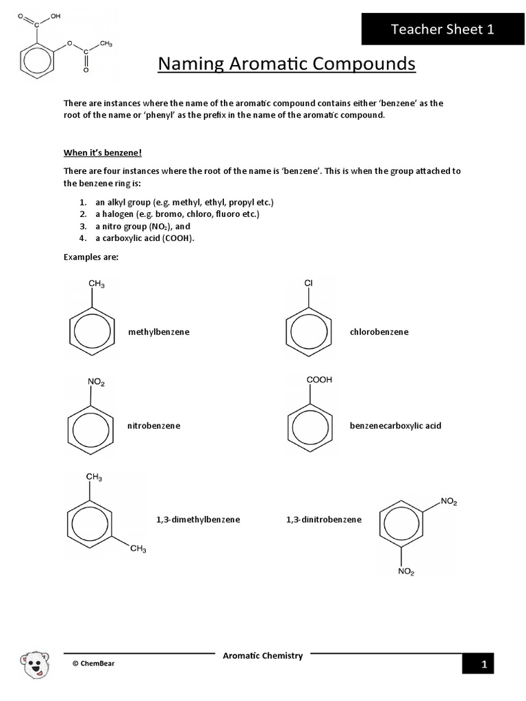 Naming Aromatic Compounds: Teacher Sheet 1 | PDF | Benzene | Functional ...