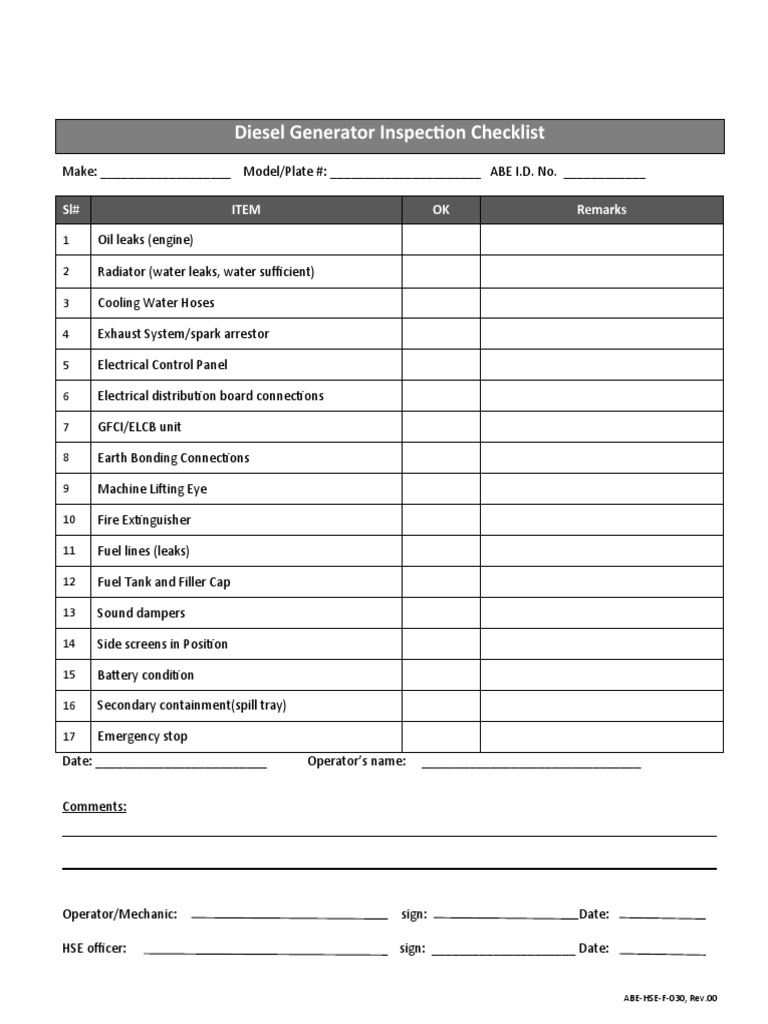 F-030-Diesel Generator Inspection Checklist | PDF