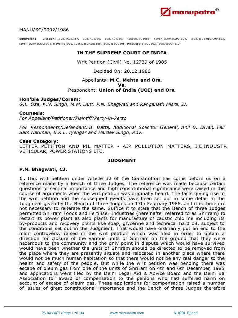 M. C. Mehta V. Union of India | PDF | Public Law | Ethical Principles