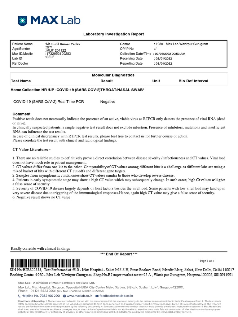Laboratory Investigation Report: Kindly Correlate With Clinical ...