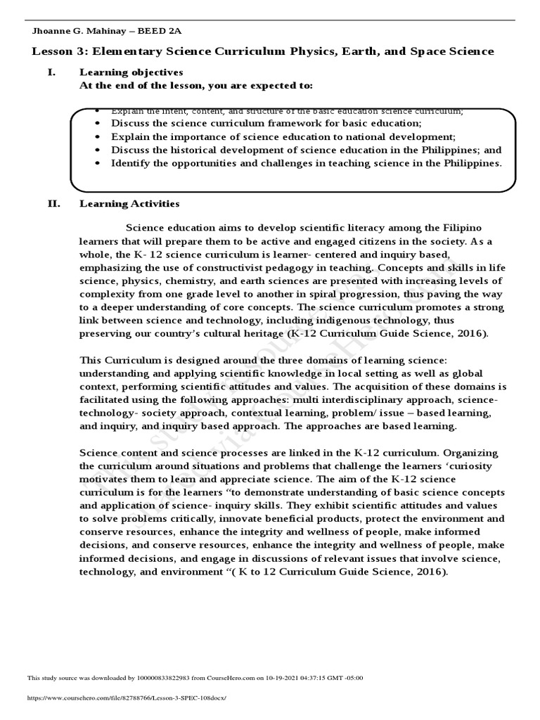Lesson 3 SPEC 108 | PDF | Science | Curriculum