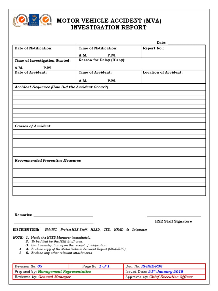 MOTOR VEHICLE ACCIDENT Investigation Form | PDF