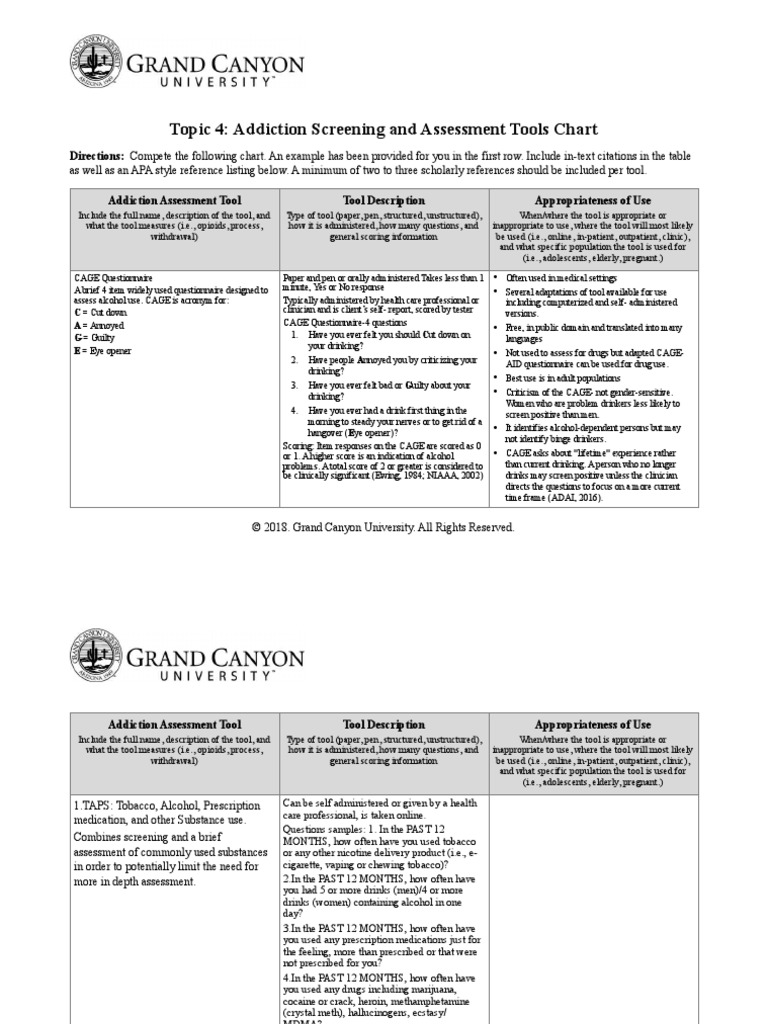 Topic 4: Addiction Screening and Assessment Tools Chart | PDF ...