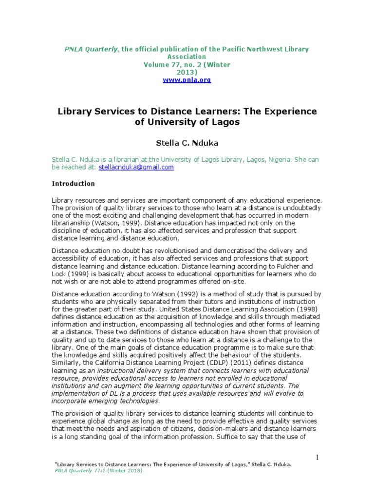 Library Services To Distance Learners: The Experience of University of ...