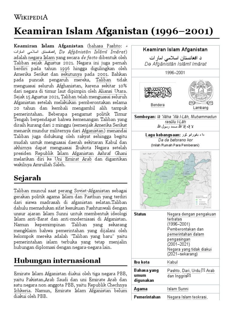 Keamiran Islam Afganistan (1996-2001) - Wikipedia Bahasa Indonesia, Ensiklopedia Bebas | PDF