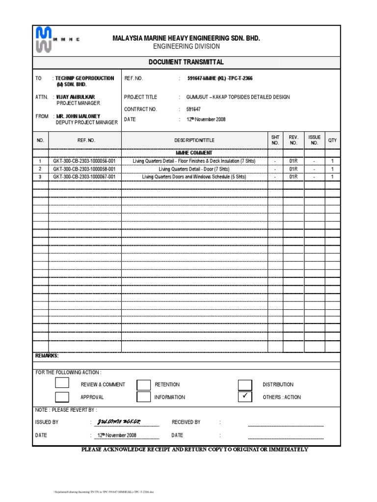 MMHE Document Transmittal for Project 591647 | PDF | Technology ...