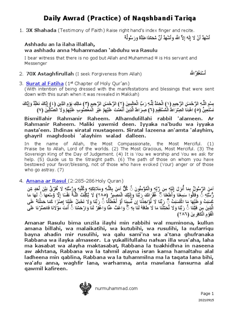 Daily Awrad Spiritual Practice of Naqshbandi Tariqa 20210915 | PDF ...